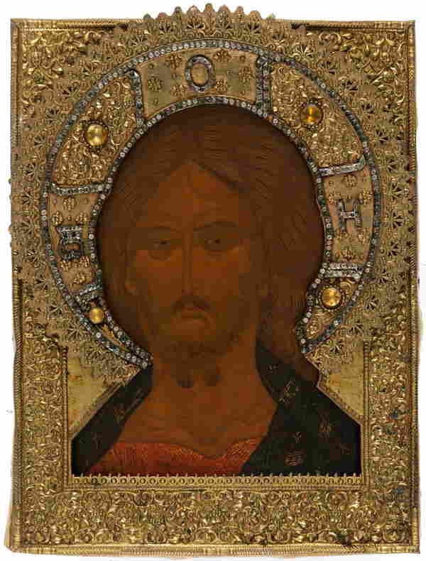 LARGE RUSSIAN ICON WITH HEAVY BRASS OKLAD SHOWING CHRIST 'THE FIERY EYE ...