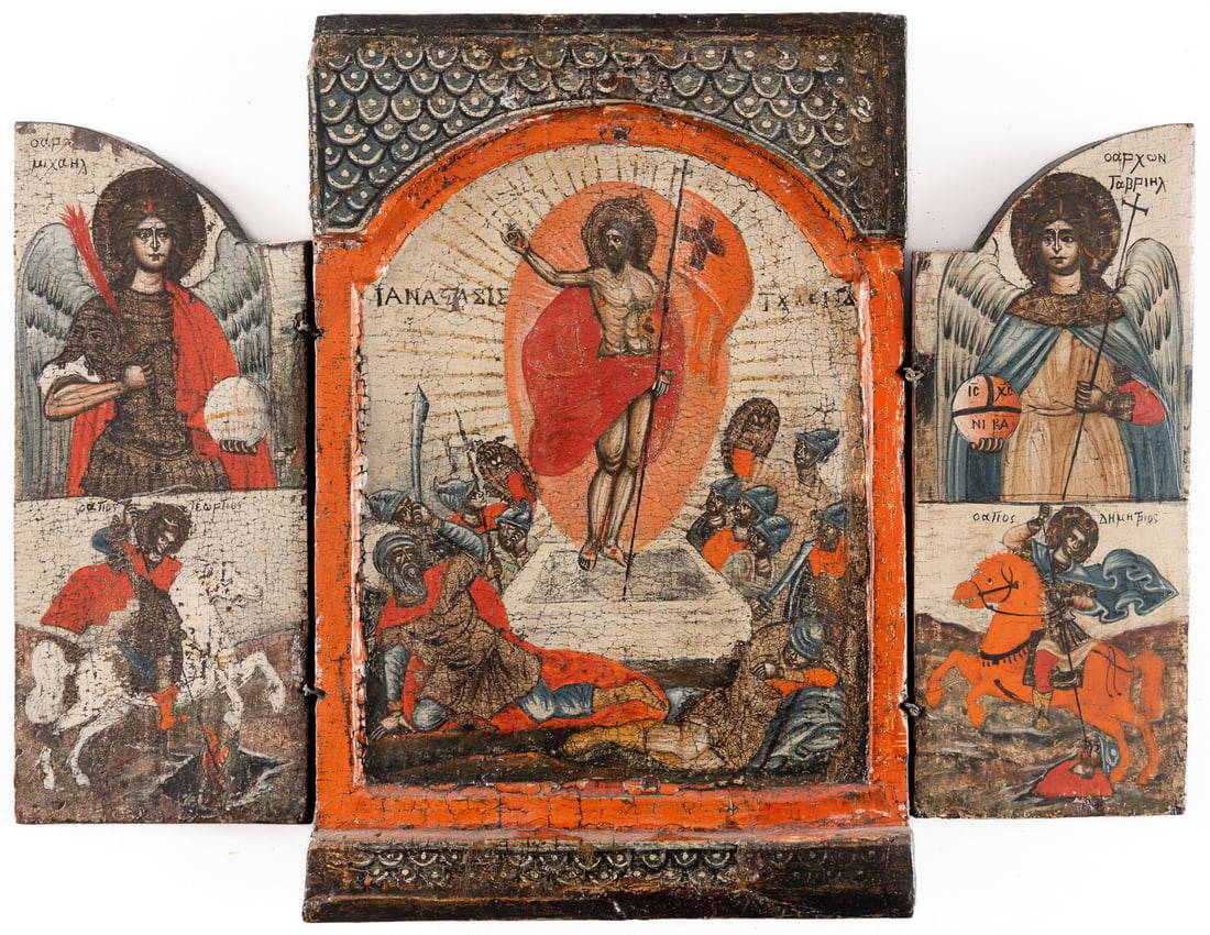 Greek Triptych Showing The Resurrection Of Christ, The Archangels ...