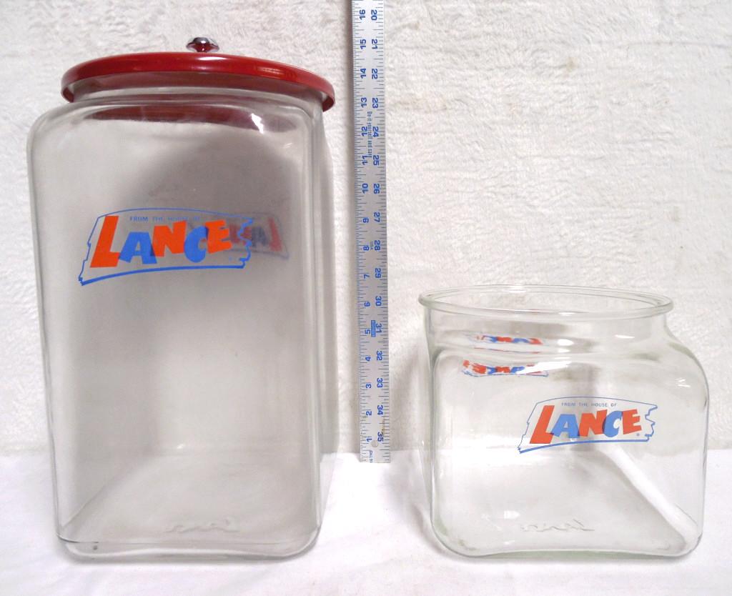 2 Glass Lance Display Counter Jars Large Jar Has Minor