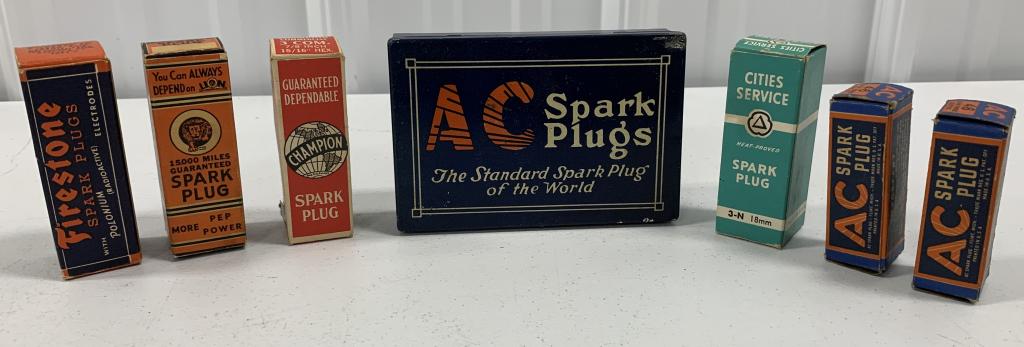 (7) Spark Plug Boxes/tin,some Plugs Inside