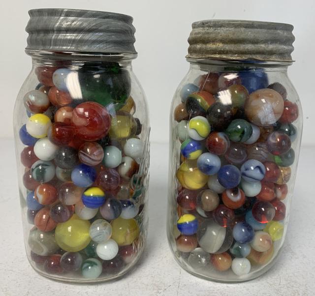 Lot Of 2 Mason Jars Full Of Glass Marbles