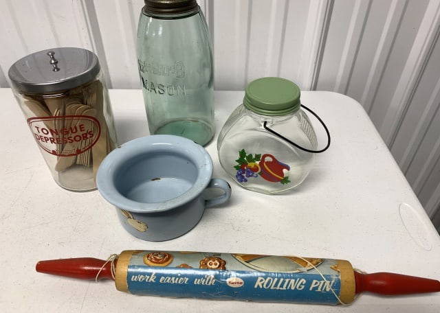 Red Key Mason Jar, Tongue Depresser Jar +more Auction