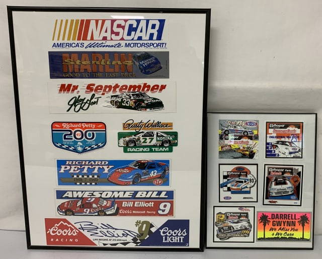 (2) Framed Nascar Bumper Stickers, Nhra Auction