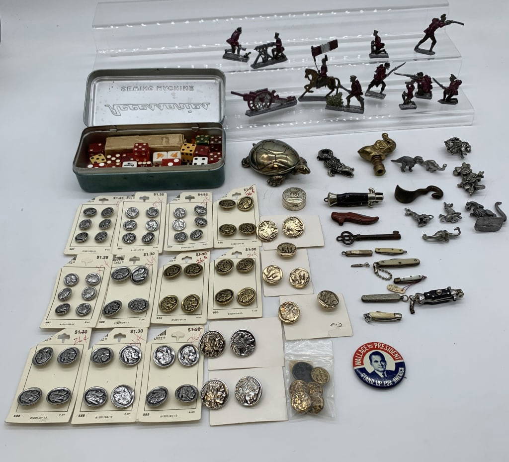 40+ Buttons, Minature Knives, Pewter Animals Auction
