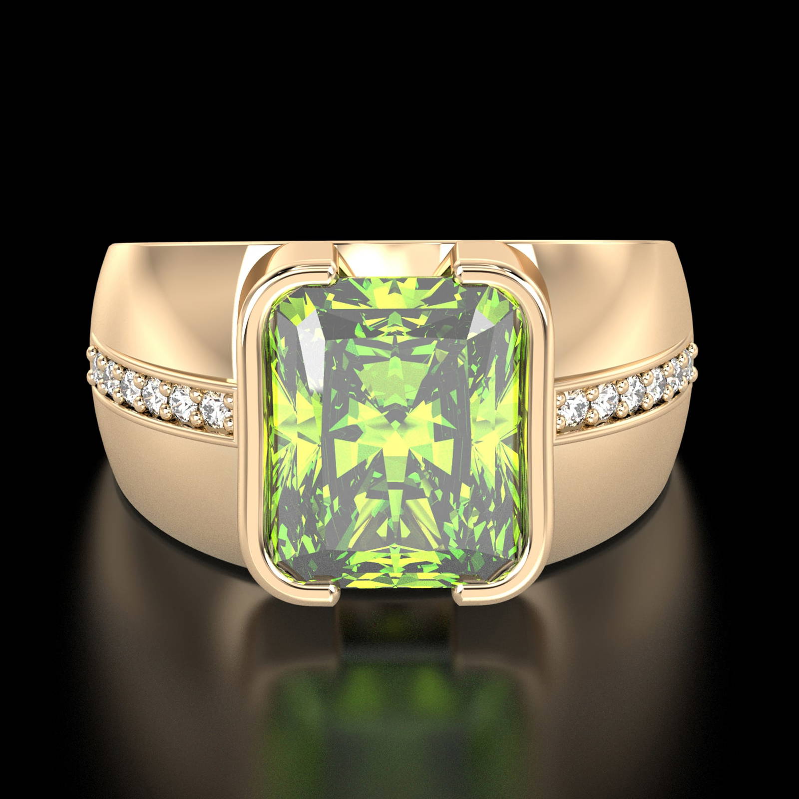 14k Yellow Gold 4.50ct Peridot 0.13ct Diamond Mens Ring Auction