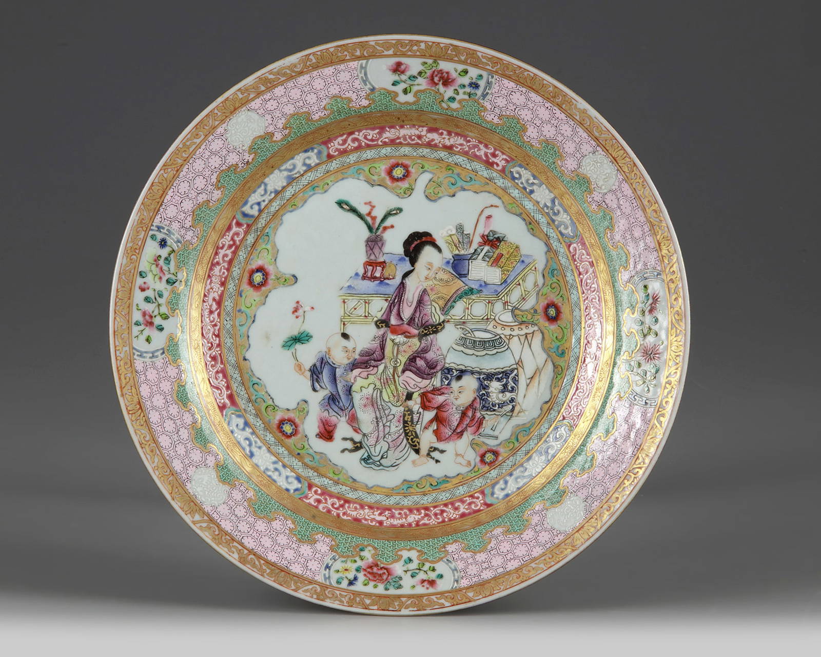 A Chinese Ruby-back Famille Rose 'lady And Boys' Dish Auction