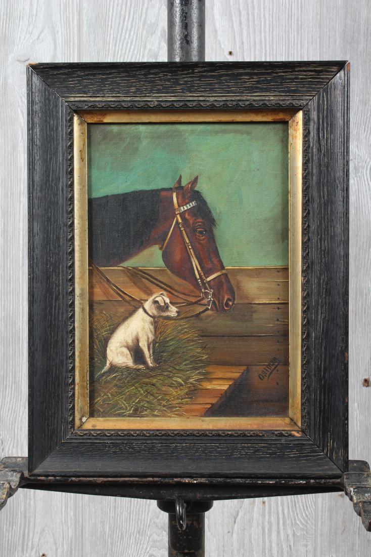 Folk Art Horse and Dog Stable Painting