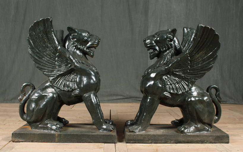Pair Cast Iron Griffin Form Entryway Figures