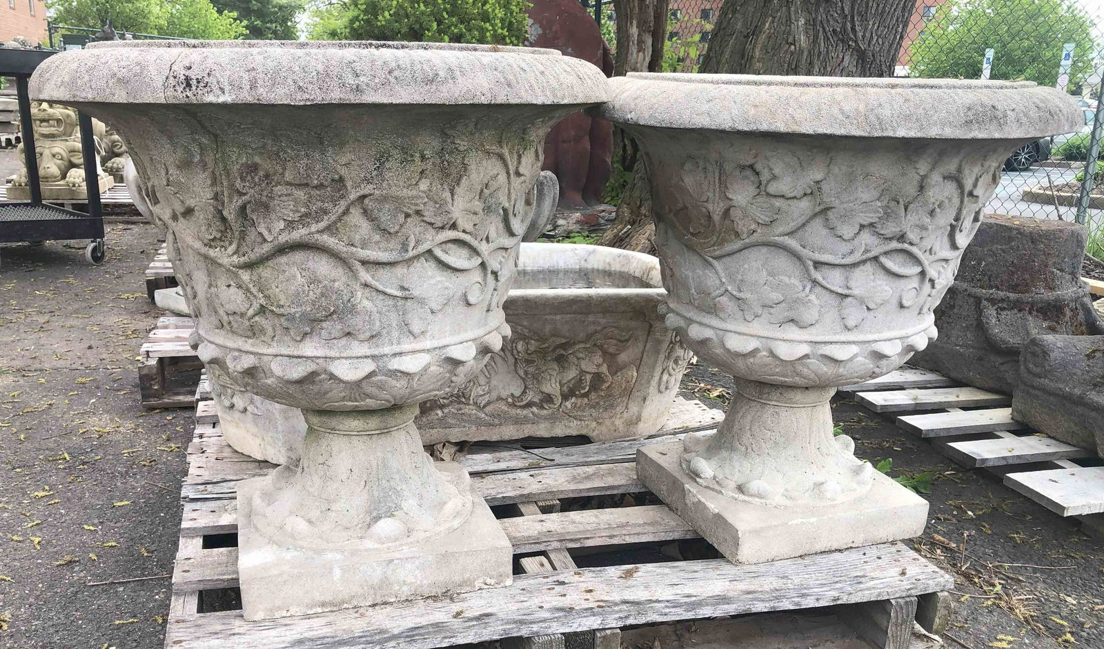 Pair, Large Cast Stone Grape Vine Garden Urns