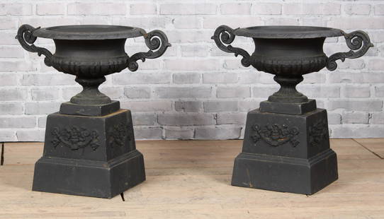 Pair Twin Handled Cast Iron Urns On Bases