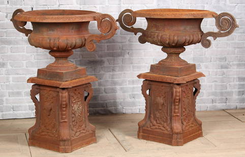 Pair Twin Handled Cast Iron Urns On Bases