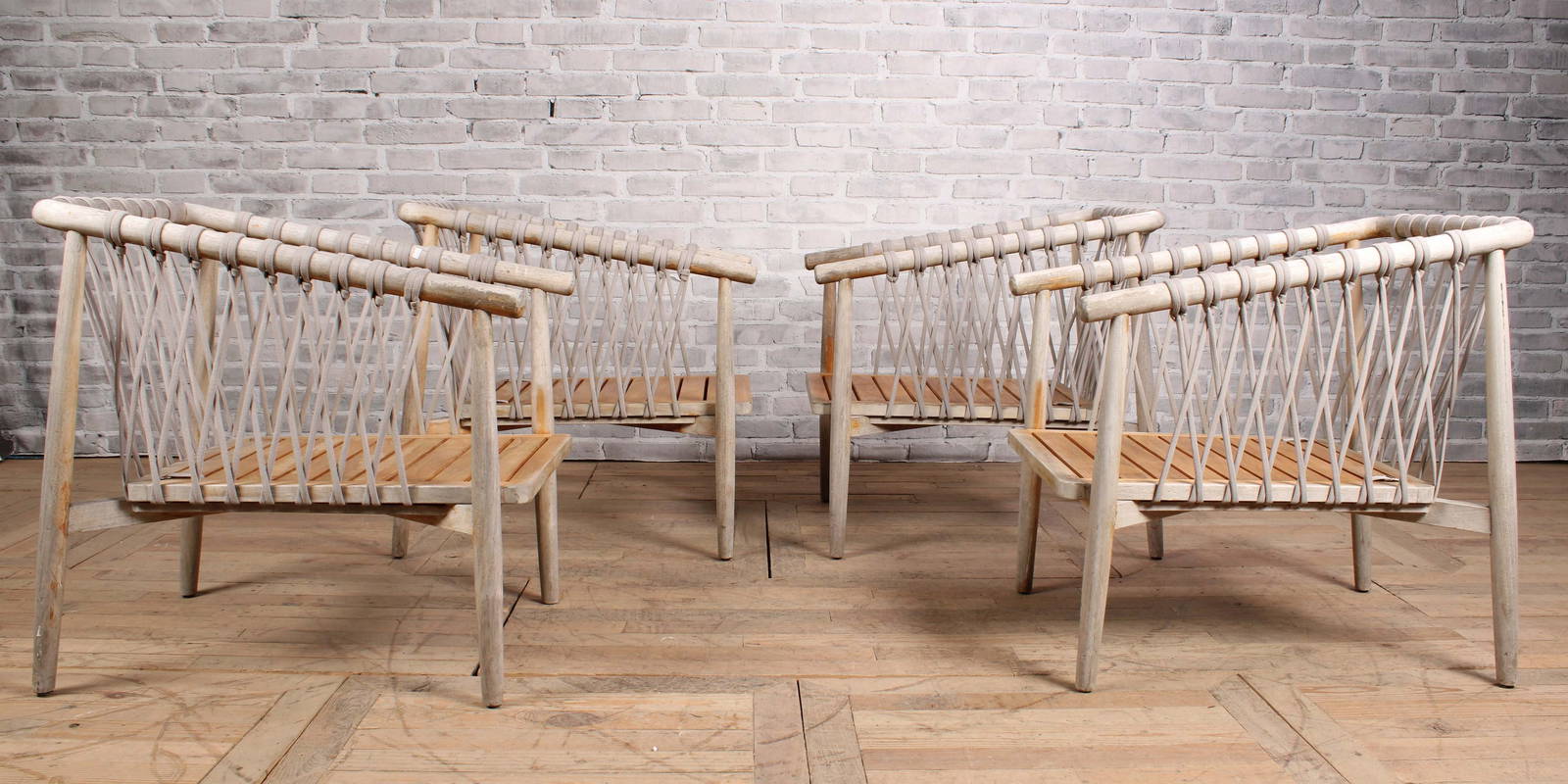 4 Nautical Motif Cord Lashing Tub Chairs, Teak Auction