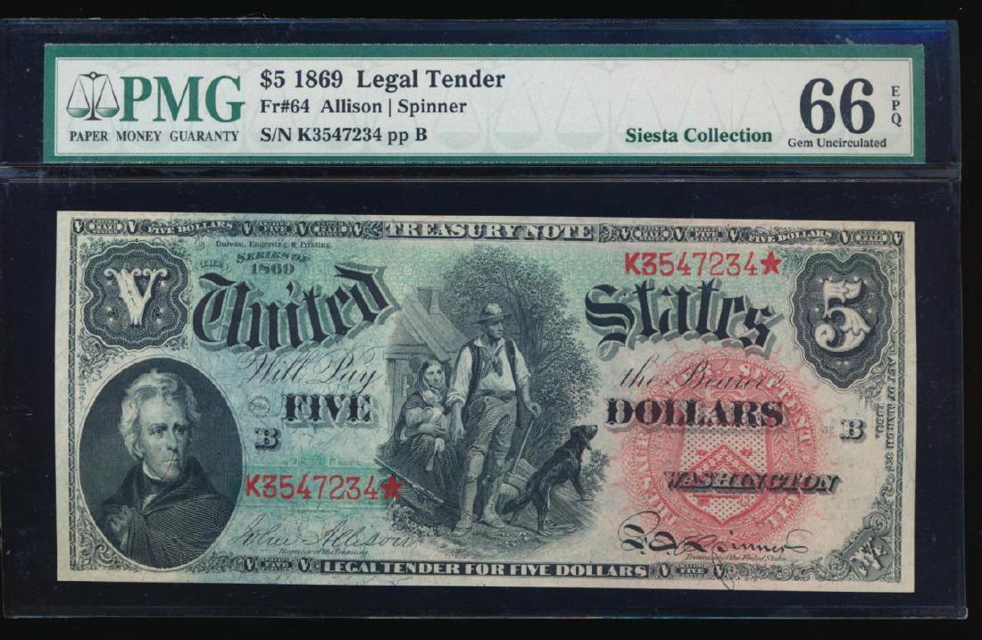 1869 $5 Rainbow Legal Tender Note PMG 66EPQ