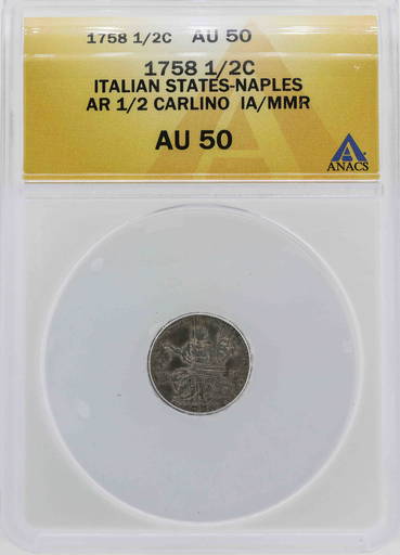 1758 Italian States Naples 1/2 Carlino Coin Anacs Au50