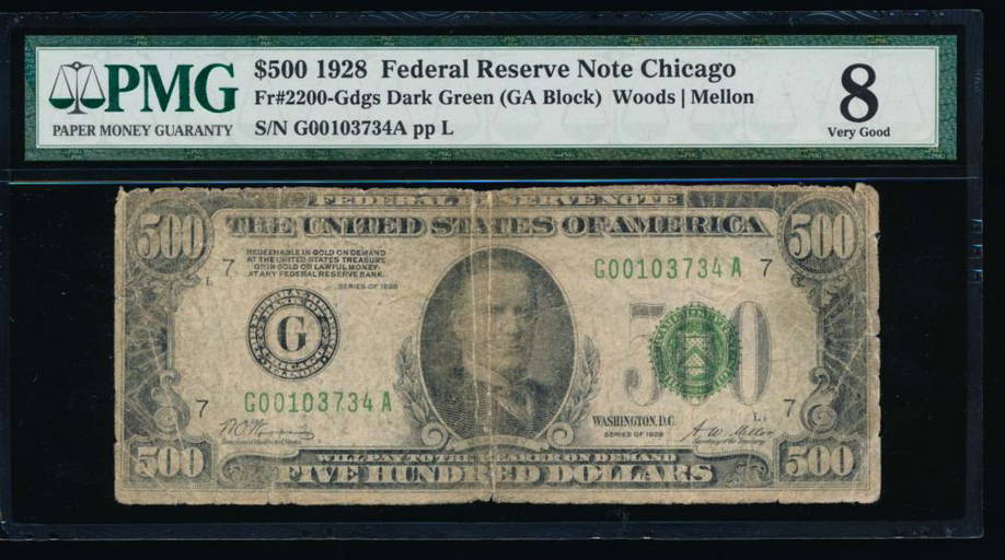 1928 $500 Chicago Federal Reserve Note Pmg 8