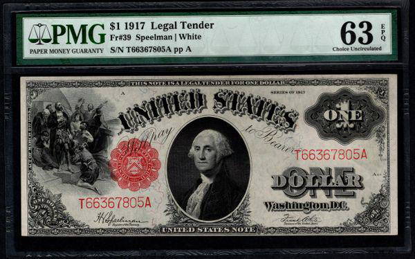 1917 $1 Legal Tender Note Pmg 63epq