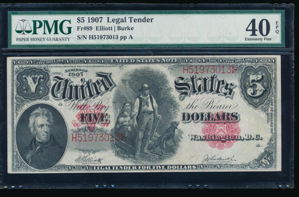 1907 $5 Legal Tender Note Pmg 40epq