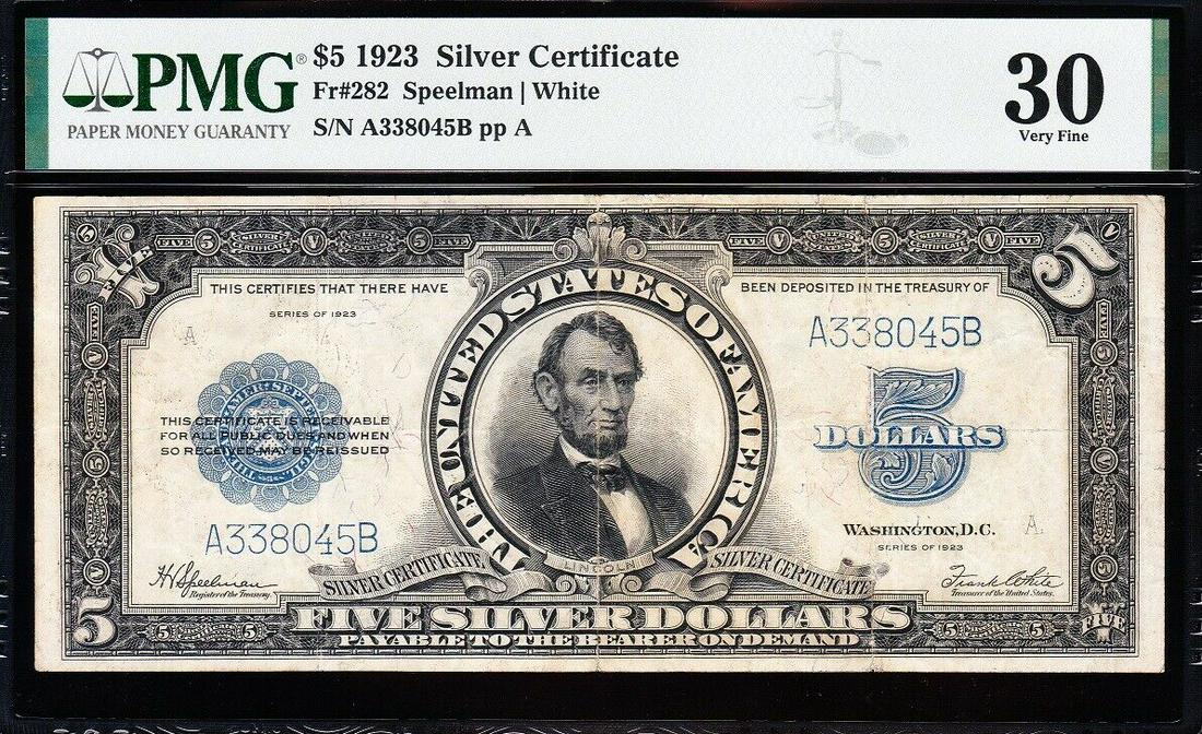1923 $5 Lincoln Porthole Silver Certificate Pmg 30