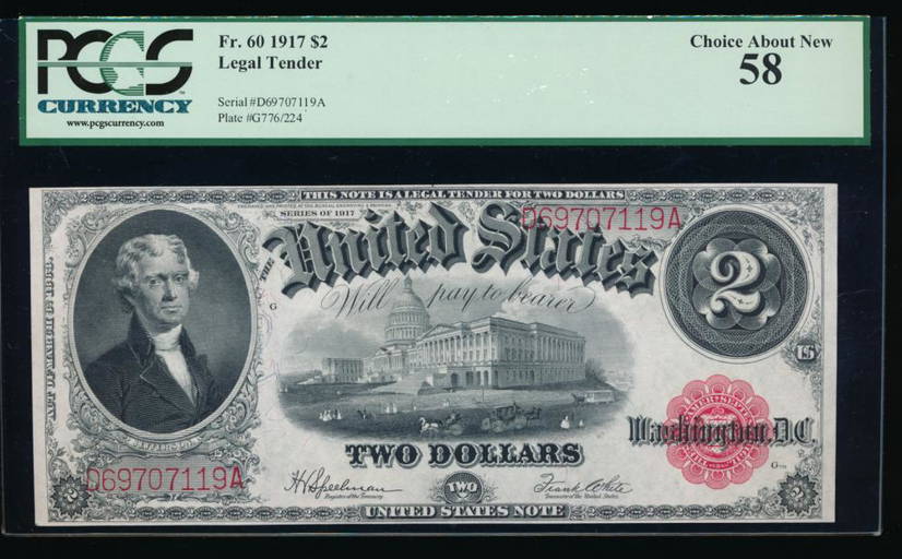 1917 $2 Legal Tender Note Pcgs 58
