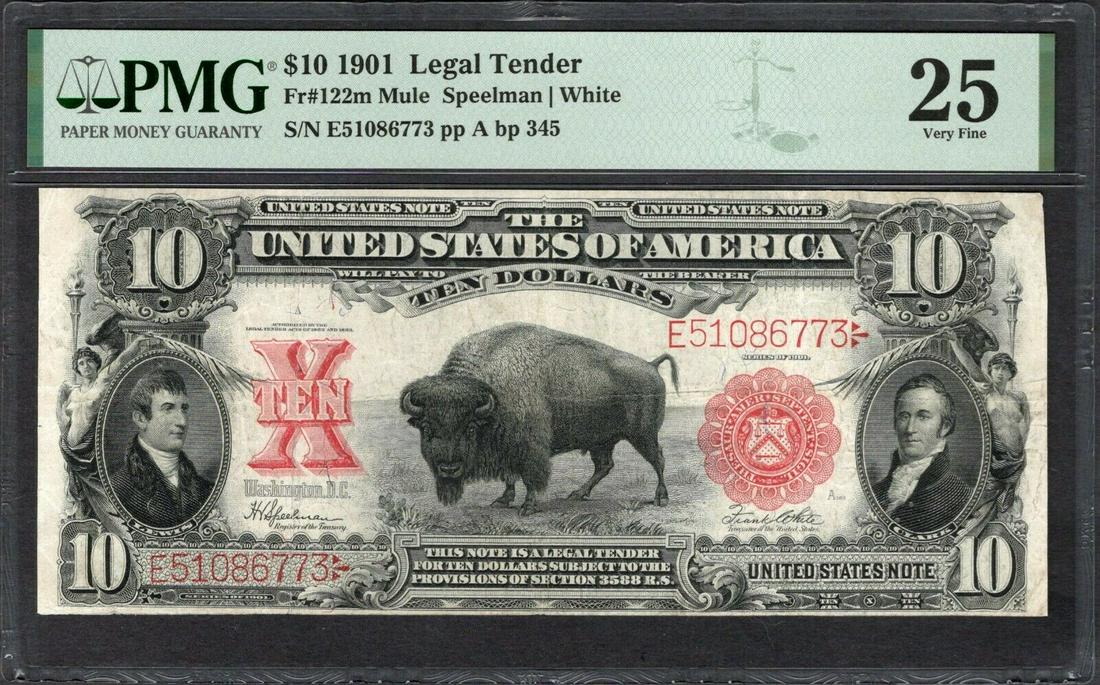 1901 $10 Bison Legal Tender Note Pmg 25