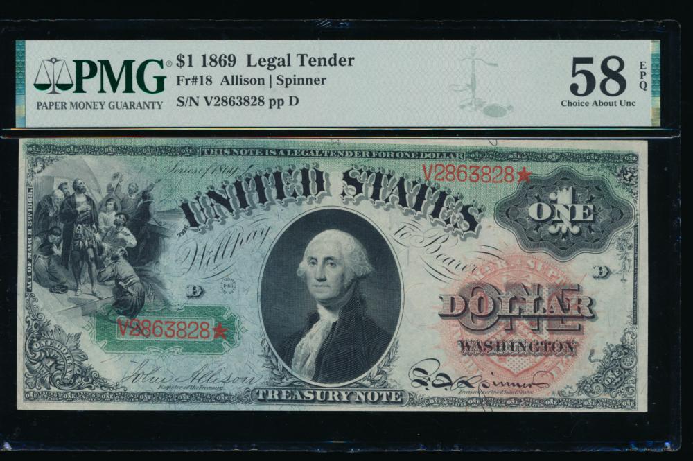 1869 $1 Rainbow Legal Tender Note PMG 58EPQ - Dec 03, 2022 | 1 Great Deal Auctions in ID