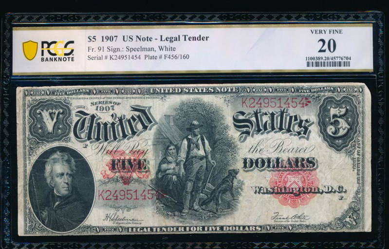 1907 $5 Legal Tender Note Pcgs 20