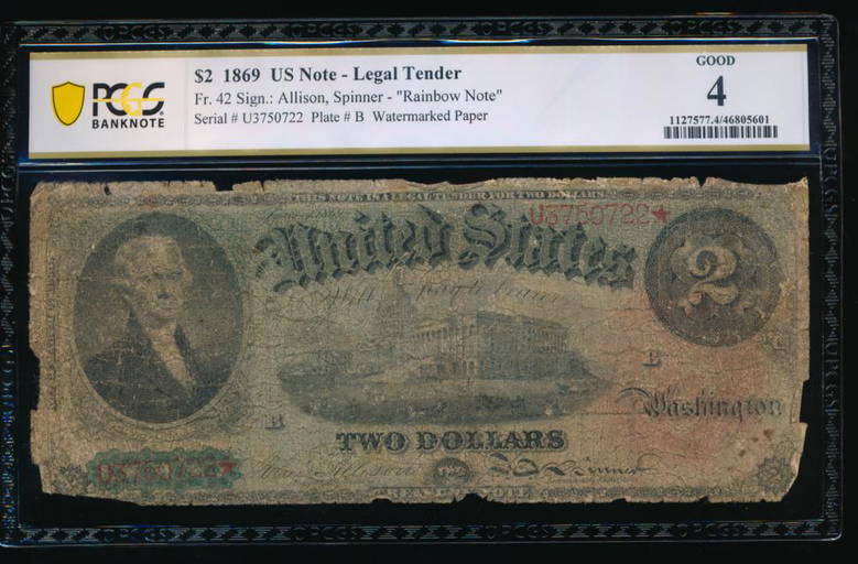 1869 $2 Legal Tender Note Pcgs 4