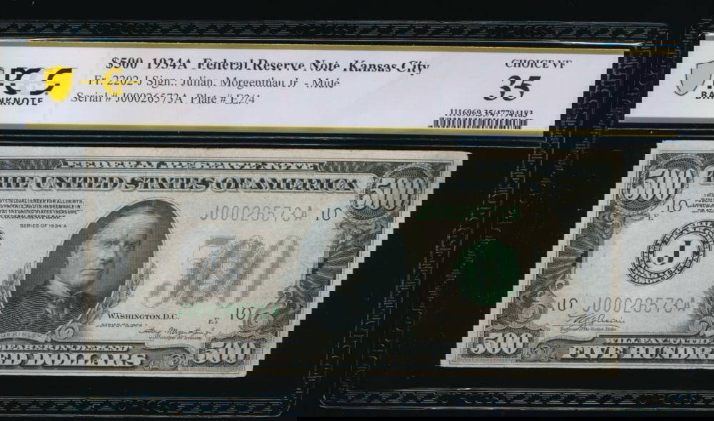 1934a $500 Kansas City Frn Pcgs 35 Auction