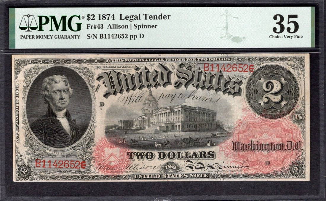 1874 $2 Legal Tender Note Pmg 35 Auction