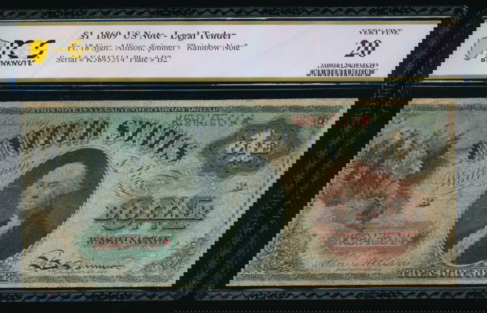 1869 $1 Rainbow Legal Tender Note Pcgs 20 Auction