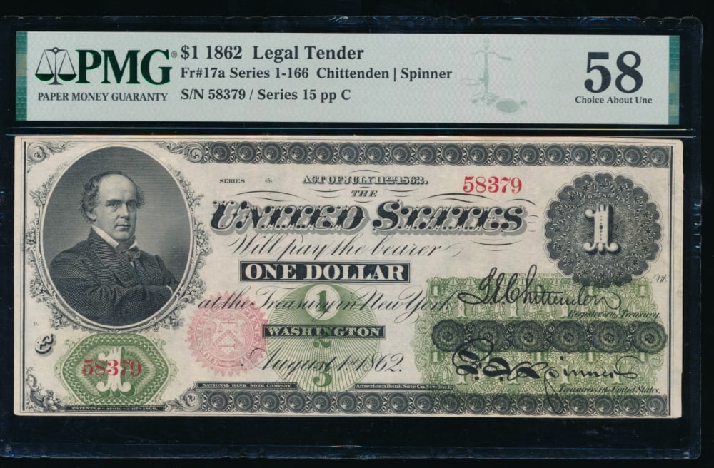 1862 $1 Legal Tender Note Pcgs 58 Auction