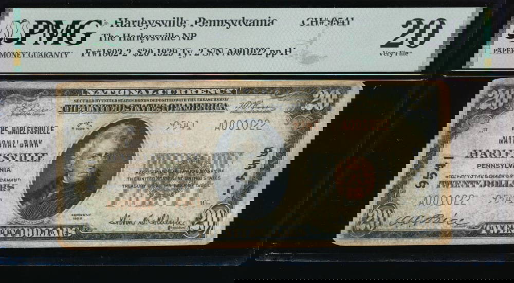 1929 $20 Harleysville Pa National Pmg 20 Auction