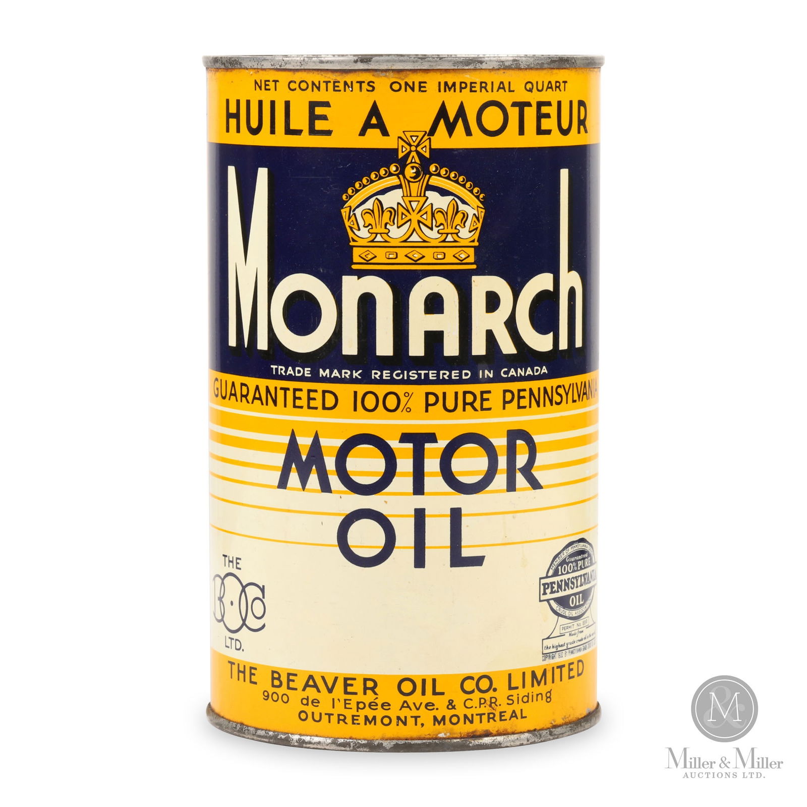 Beaver Oil Co. Monarch Motor Oil 1 Quart Tin