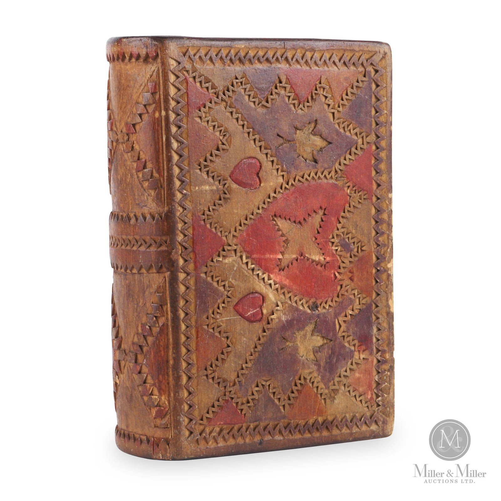 Exceptional Spruce Gum Box With Hearts Auction