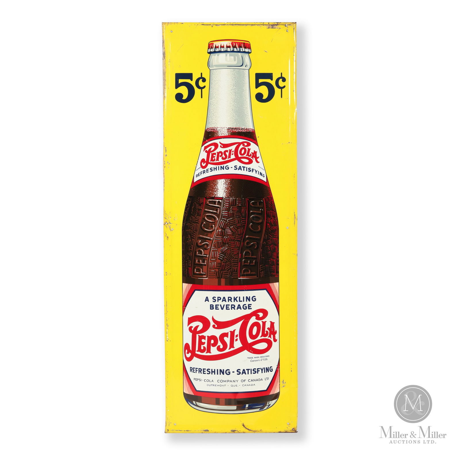 Pepsi-cola "double Dot" 5 Cent Bottle Vertical Sign Auction