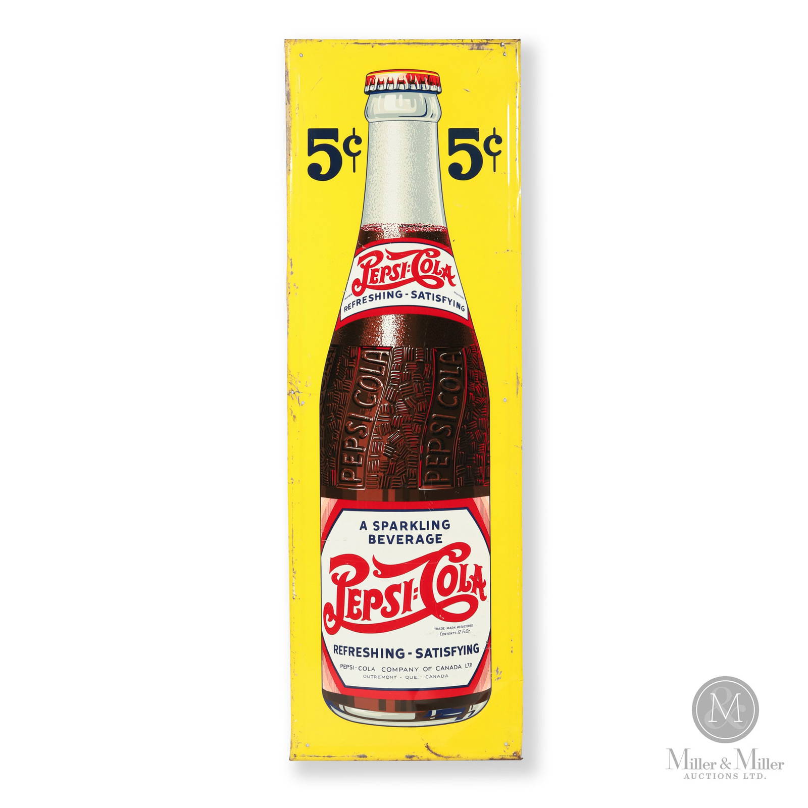 Pepsi-cola "double Dot" 5 Cent Bottle Vertical Sign Auction