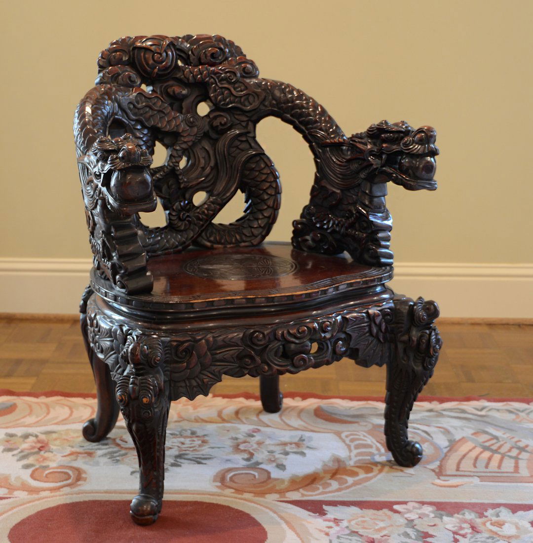 Meiji Period Heavily Carved Japanese Dragon Chair