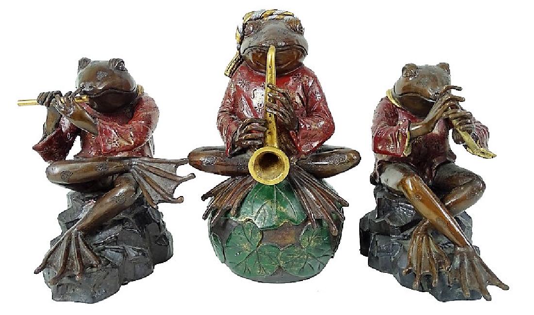 (3) Three Contemporary Frog Bronze Musicians