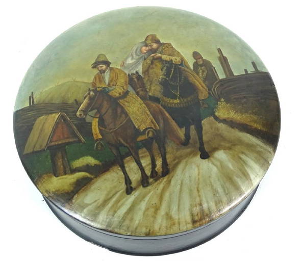 A Russian Lacquer Round Box "cossacks With The Bri