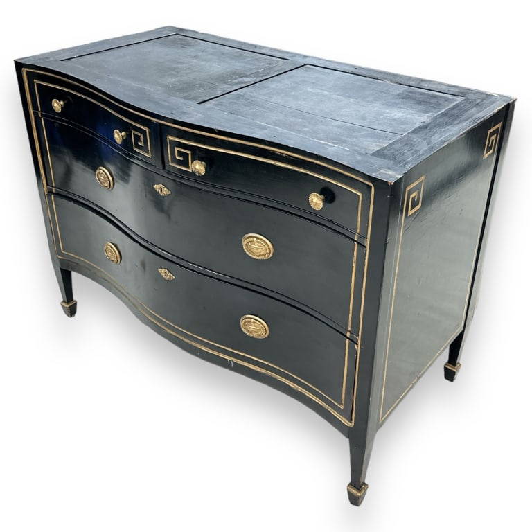 Vintage Black Painted Wooden Chest Of Drawers Having A Recessed Gilt ...