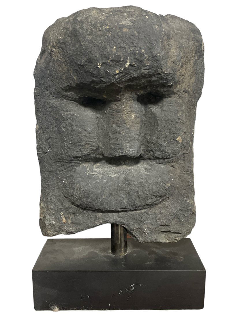 Carved Black Stone Face Sculpture On Base Auction