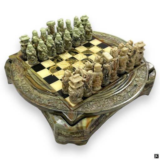 Chinese Motif Faux Jade Chess Set With Board