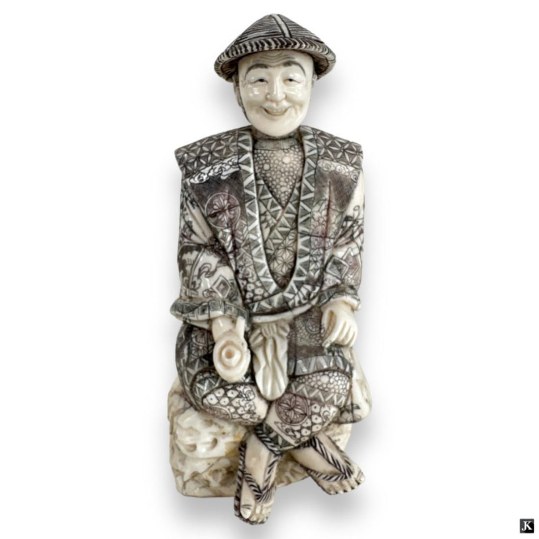 Vintage Japanese Signed Bone Seated Man Okimono Auction