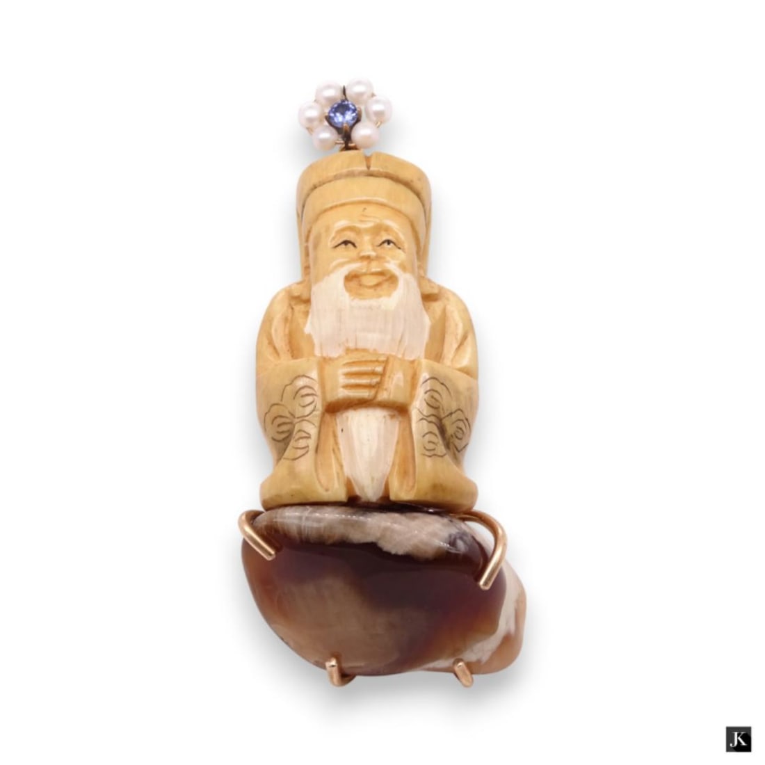 Handcrafted 14k Netsuke Scholar Mutlistone Brooch Auction