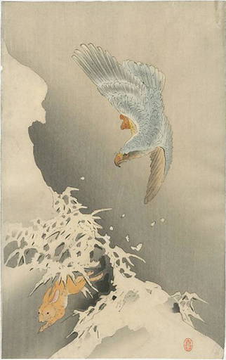 Ohara Koson Hawk Chasing A Rabbit Woodblock