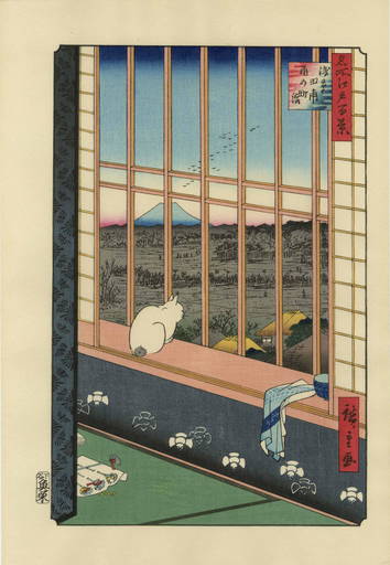 Hiroshige Mt Fuji Cat In Window 100 Views Woodblock