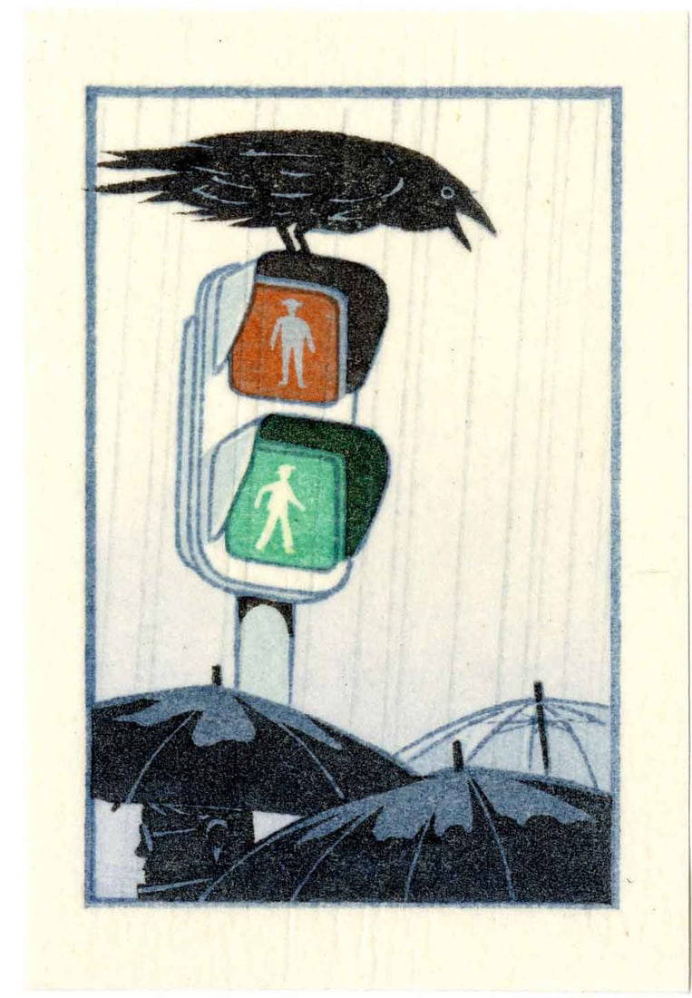 Jed Henry: Crow On A Crossing Signal 2022 Woodblock Nr Auction