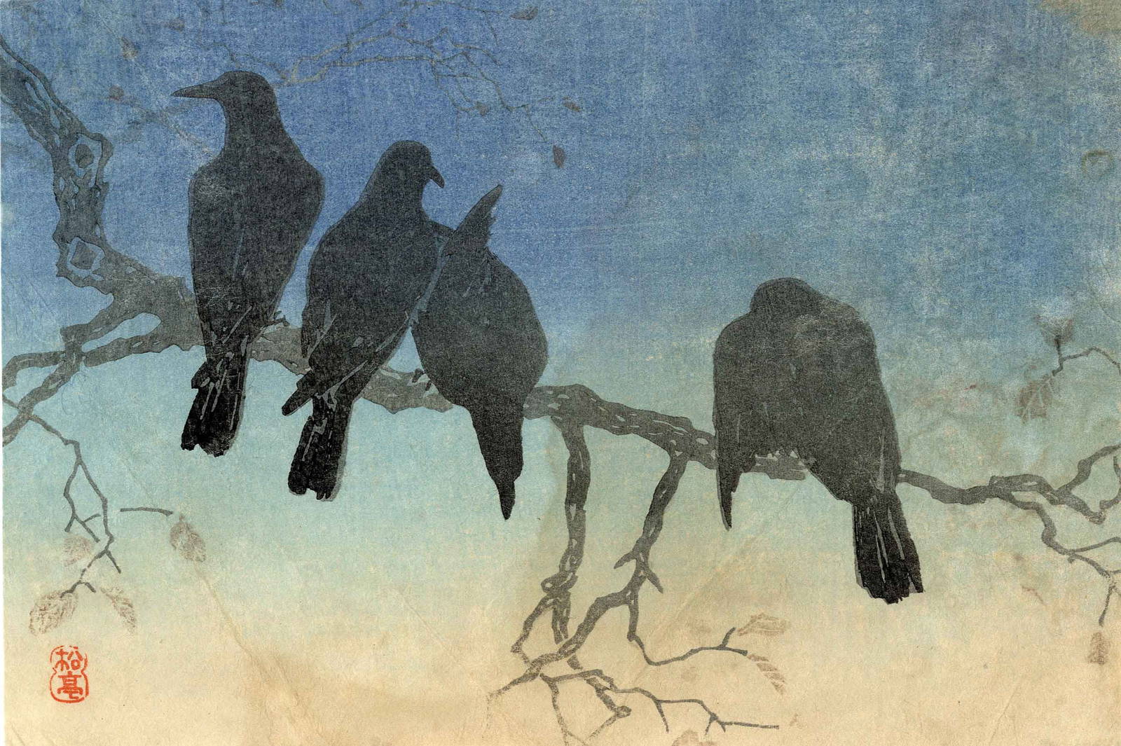 Shotei Takahashi: Four Crows On Cold Night 1936 Woodblock Nr Auction