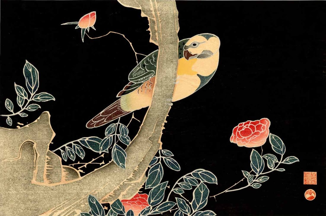 Jakuchu Ito: Parrot And Rose 1930s Woodblock Nr Auction