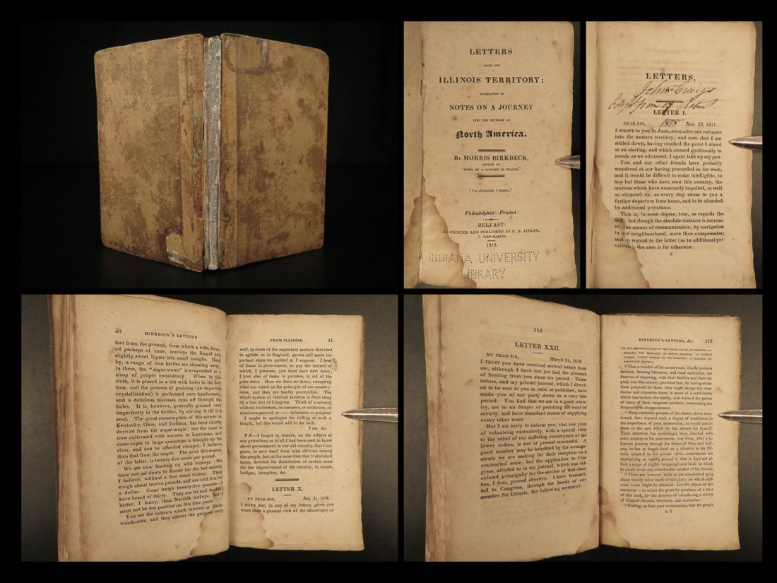 1818 1ed Illinois Emigration Birkbeck Letters Colonization Choctaw ...
